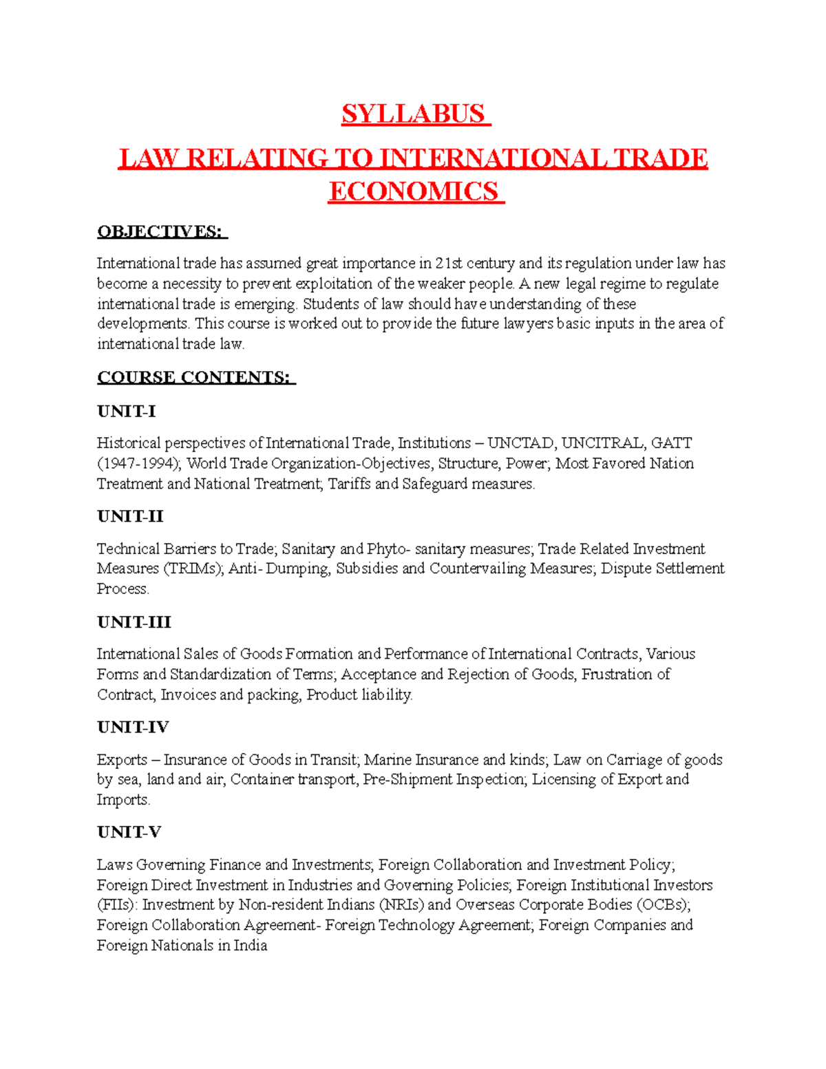 ITE Unit 1 Notes - SYLLABUS LAW RELATING TO INTERNATIONAL TRADE ...