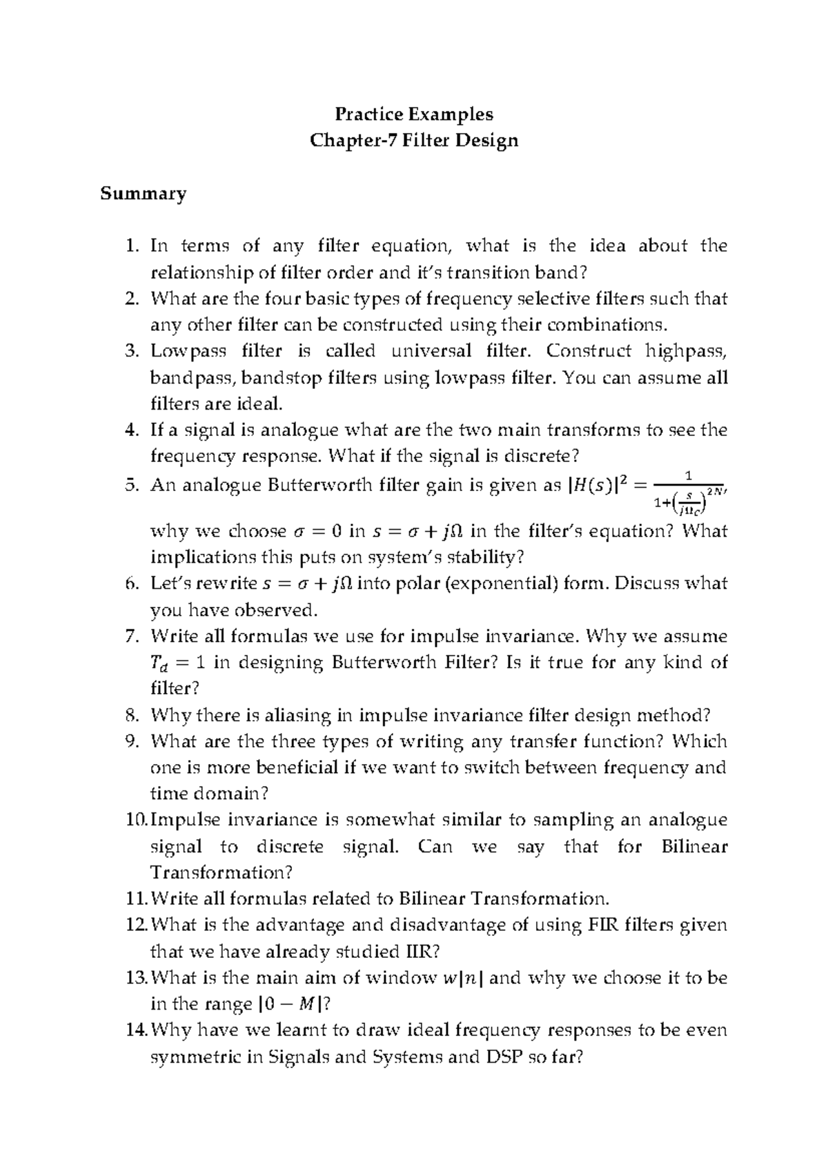 Practice Examples CH7 - Practice Examples Chapter-7 Filter Design ...