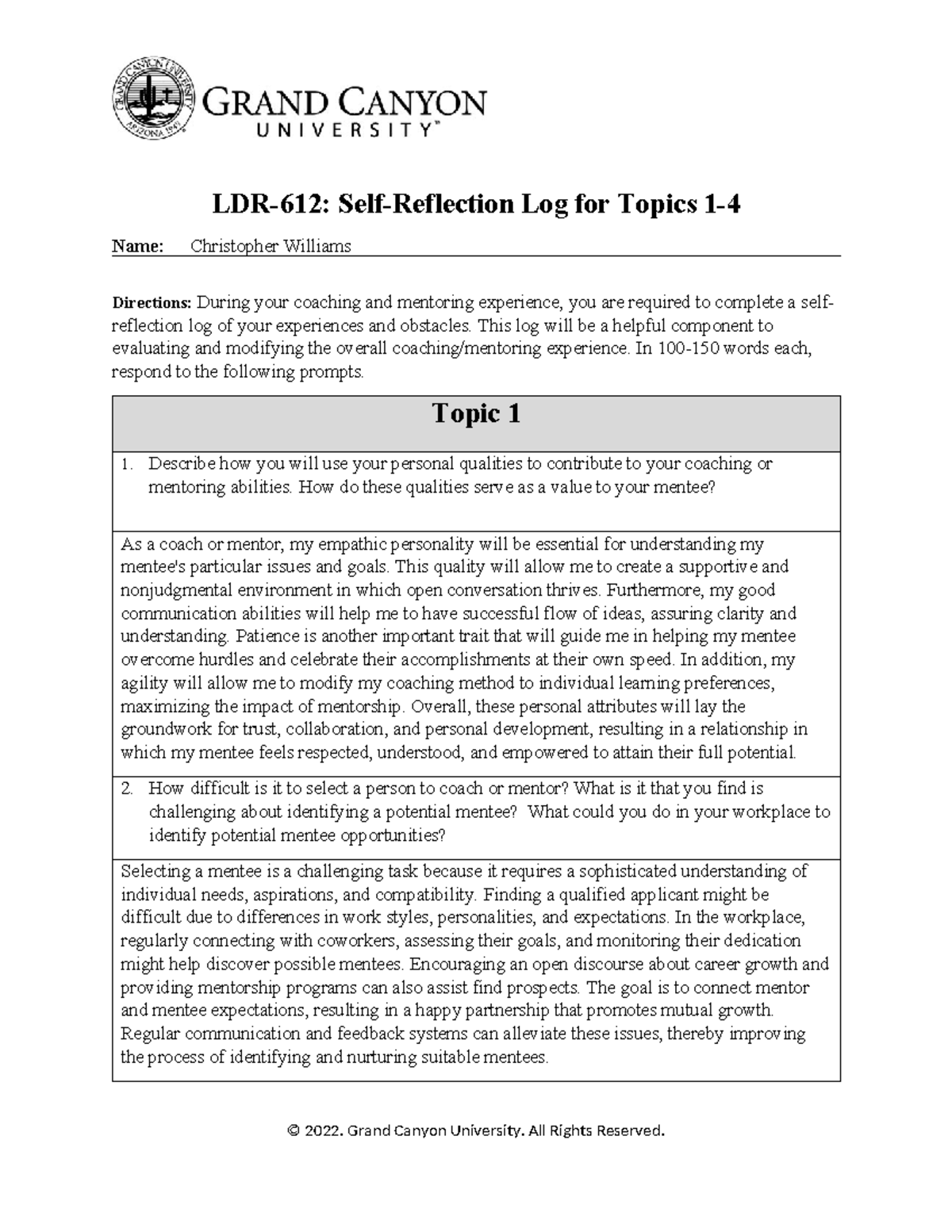 Self-Reflection Log - Good work - LDR-612: Self-Reflection Log for ...