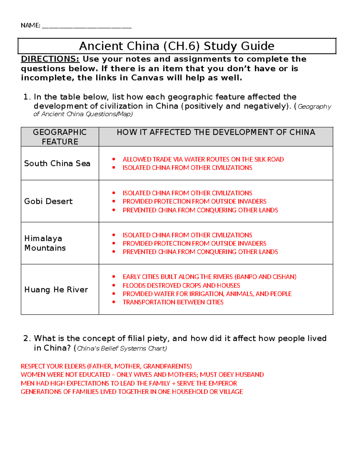 Ancient China Study Guide Ch.6 2024 KEY - NAME ...