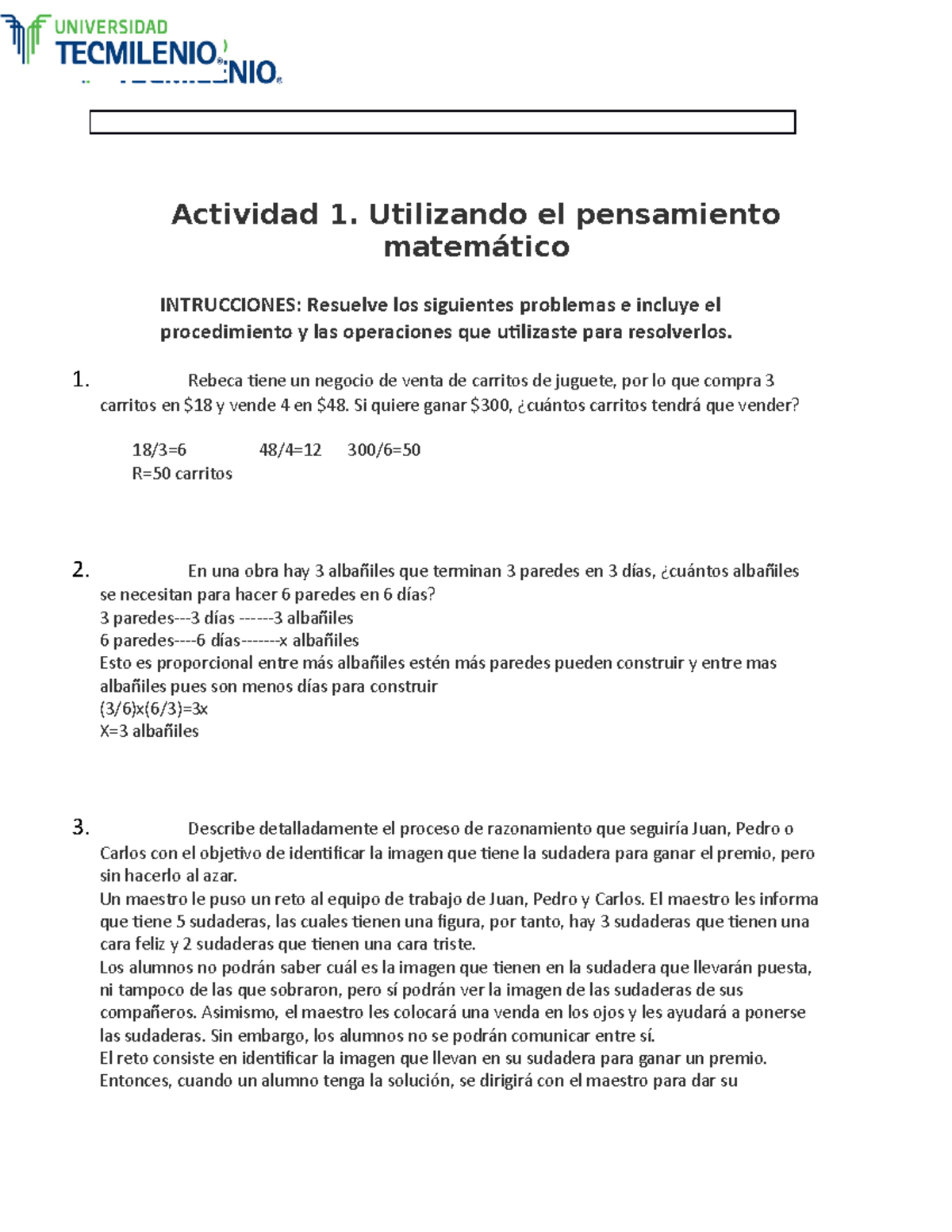 Actividad 1 Pensamiento Logico Matematico - Actividad 1. Utilizando el ...