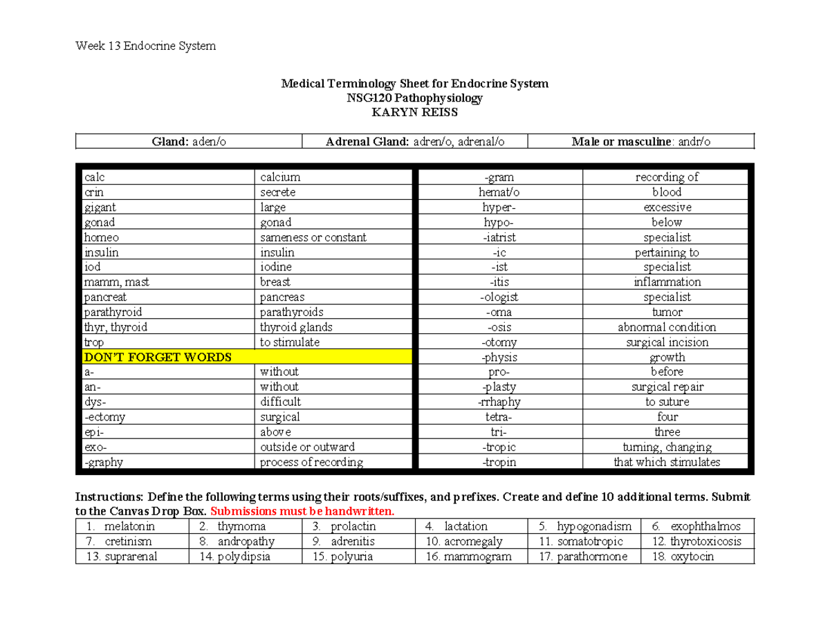 Module 13 Medical Terminology Sheet for Endocrine System 2022 - Medical ...