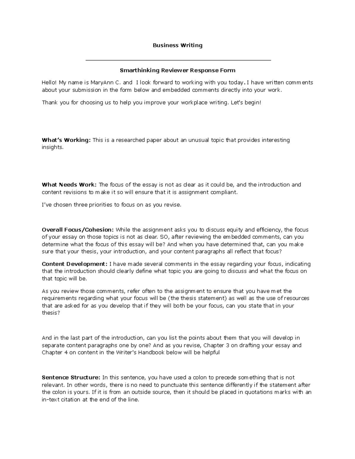 764458 CPE essay - **Business Writing Smarthinking Reviewer Response ...