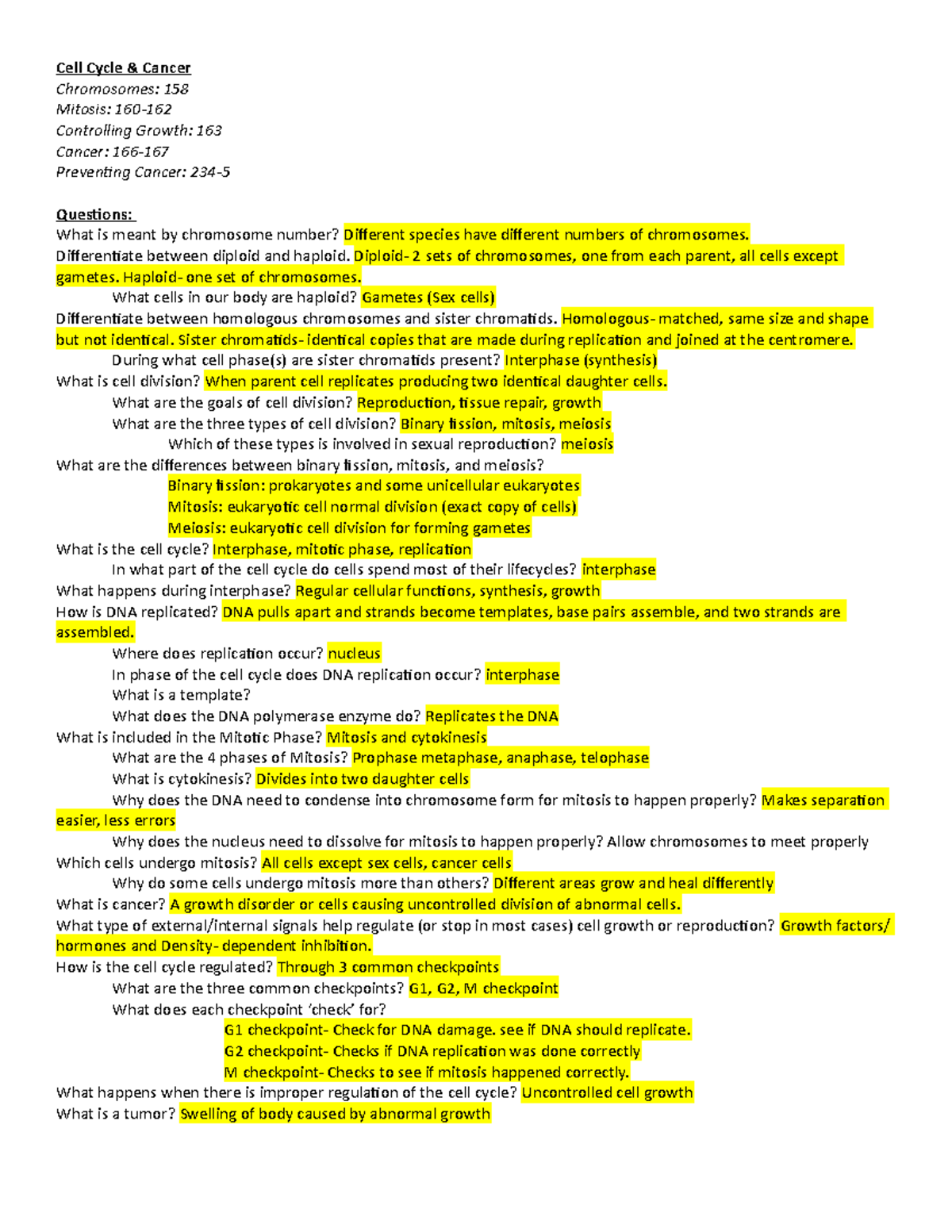 Biology 1101 Cell Cycle and Cancer Study Guide - Cell Cycle & Cancer ...