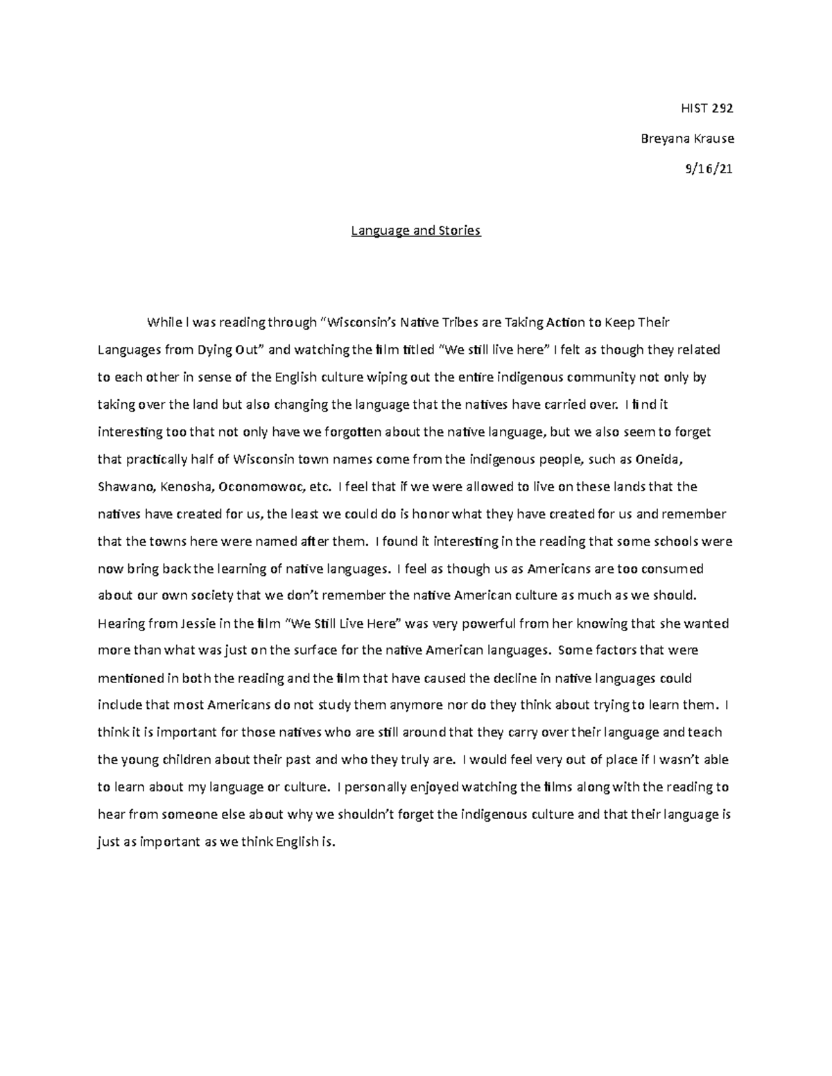 HIST 292- Language and Stories Assignment - HIST 292 Breyana Krause 9 ...