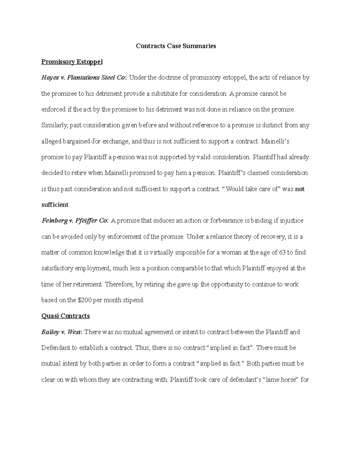 Contracts Case Summaries - Contracts Case Summaries Promissory Estoppel ...