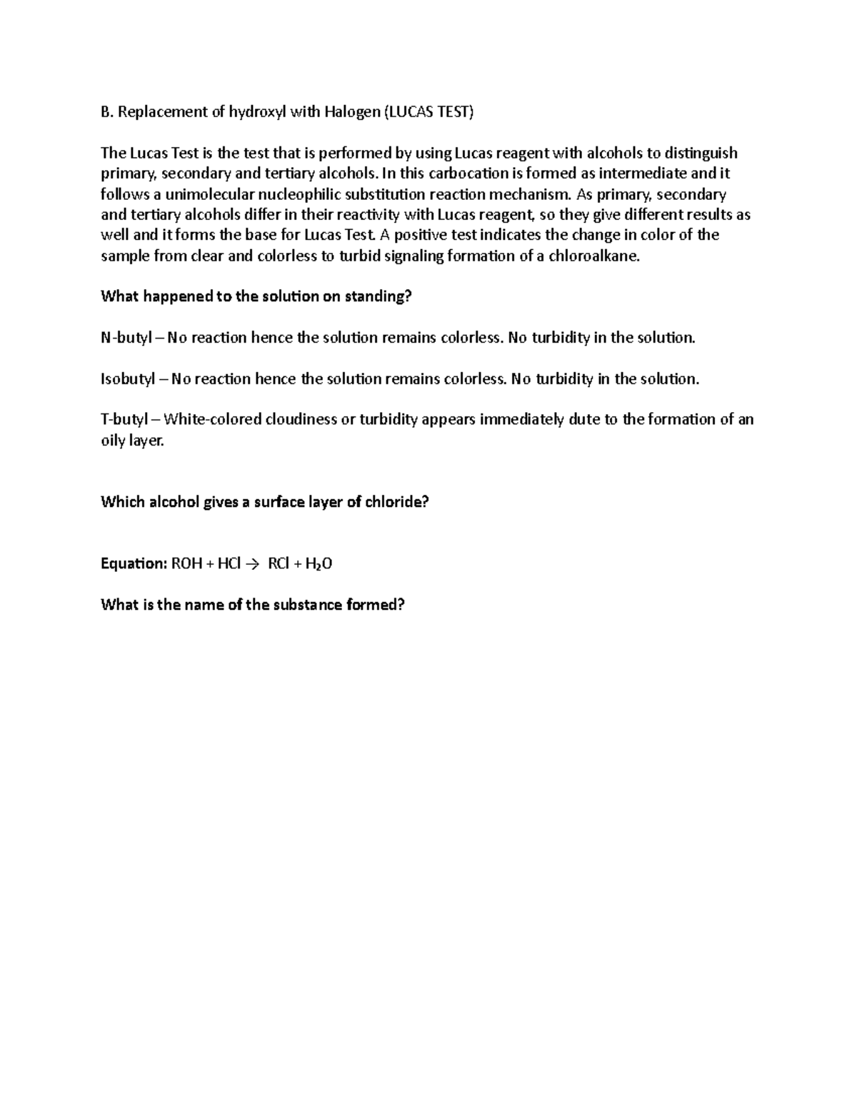 B.Lucas Test - Experiment - B. Replacement of hydroxyl with Halogen ...