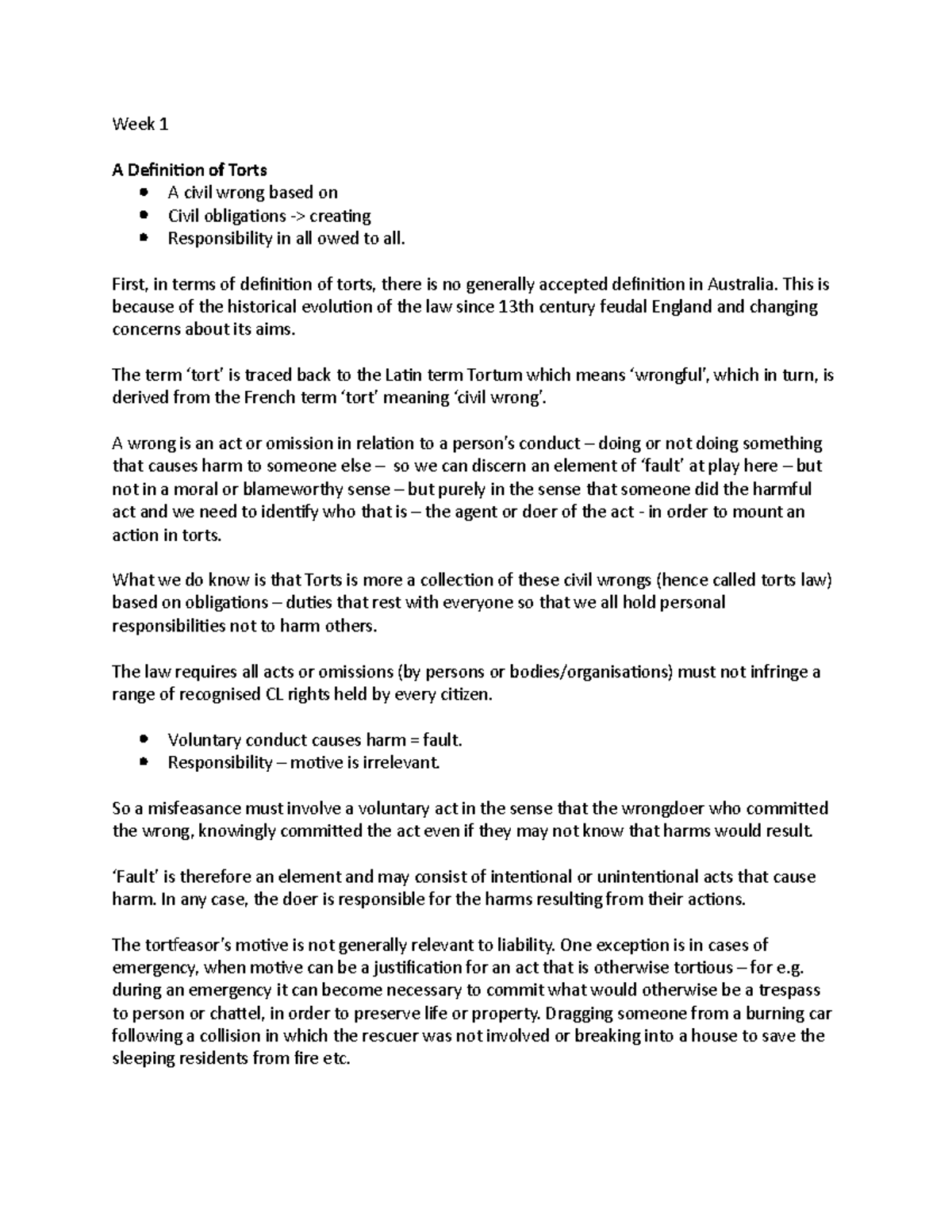 Week 1 - Torts - Week 1 Class Notes with Katrina Pedersen - Week 1 A ...