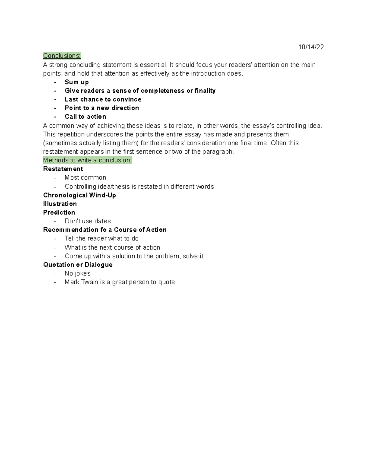 ENG- Conclusions Notes - 10/14/ Conclusions: A strong concluding ...