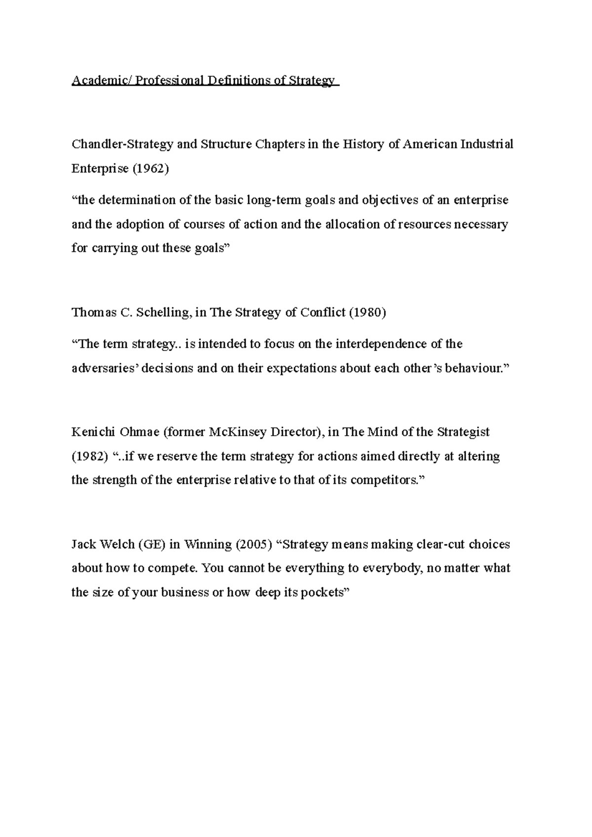 Definitions of Strategy - Academic/ Professional Definitions of ...