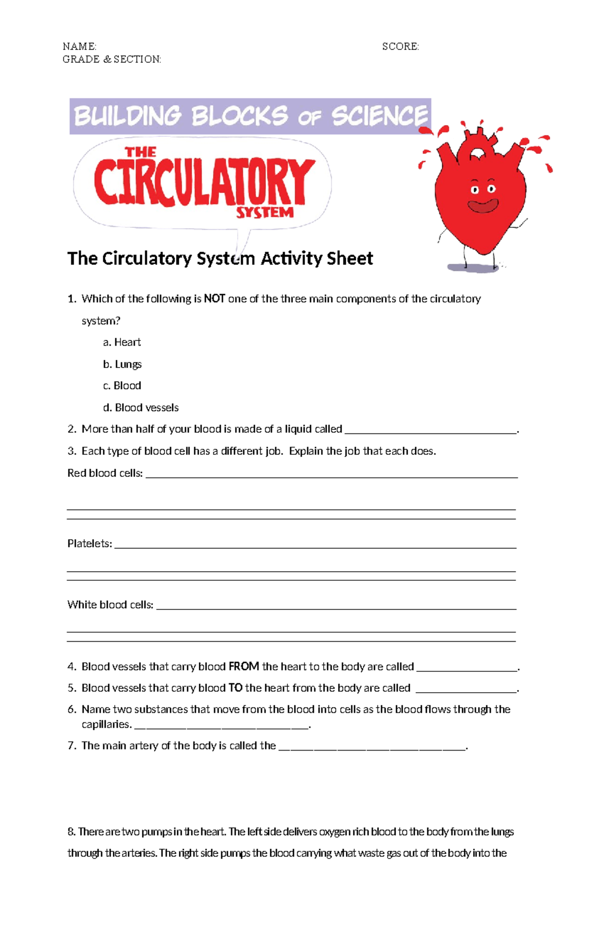 Circulatory Activity Sheet - NAME: SCORE: GRADE & SECTION: The ...