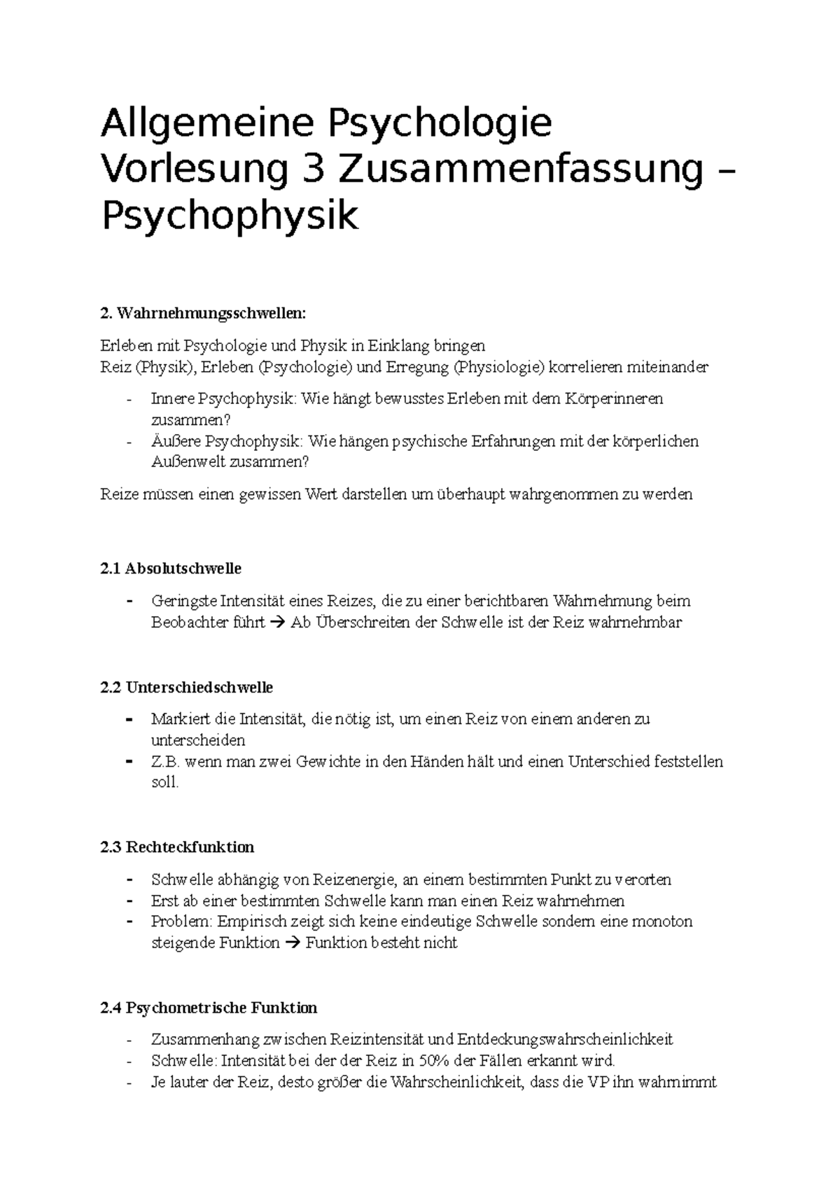 Zusammenfassung 3,4 Allgemeine Psychologie Psychophysik - Allgemeine Psychologie Vorlesung 3 ...