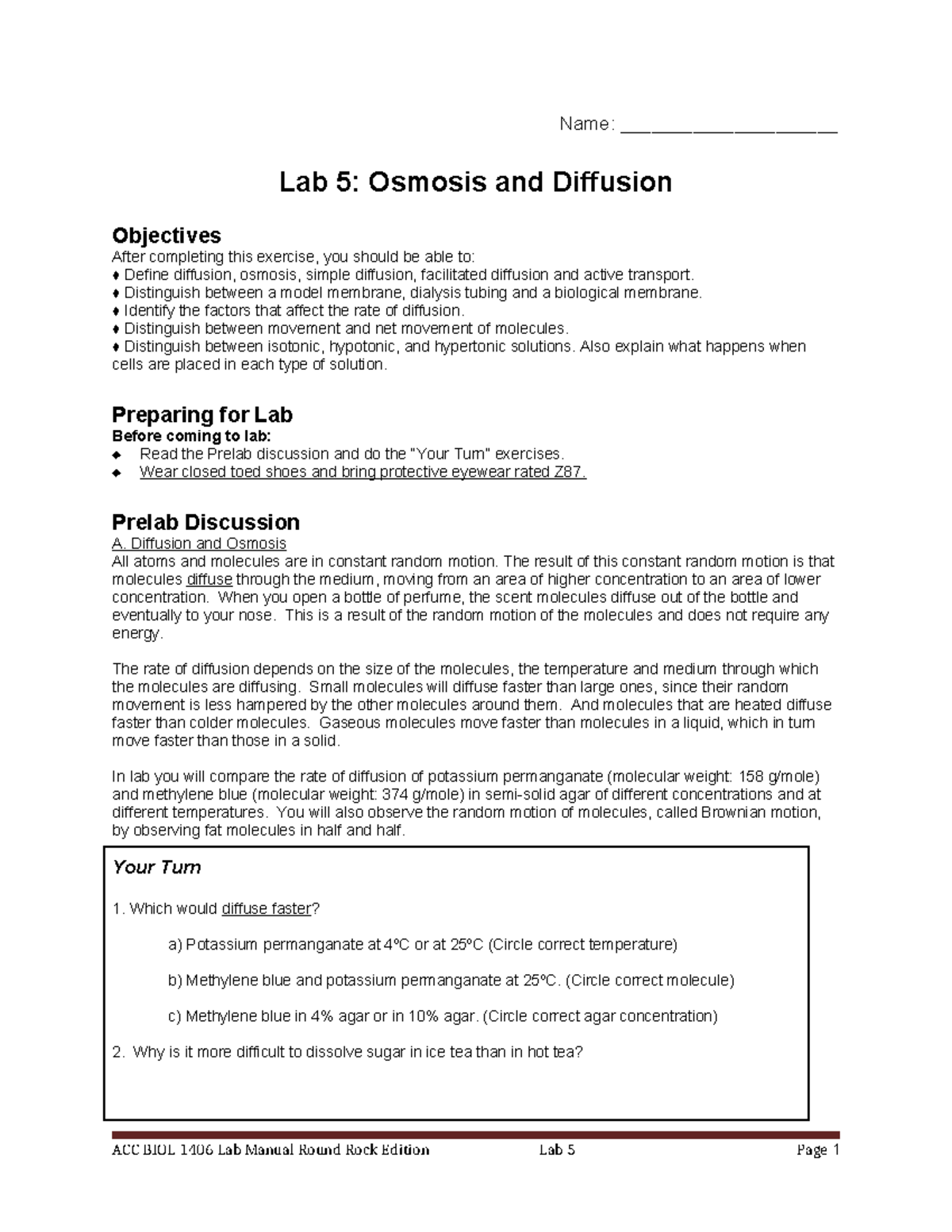 1406 Lab 5 Osmosis & Diffusion Fall 2021 - Name: _____________________ Lab 5: Osmosis and ...