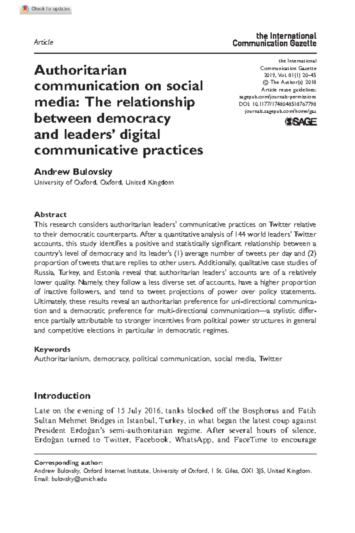 Bulovsky 2018 authoritarian communication on social media the ...