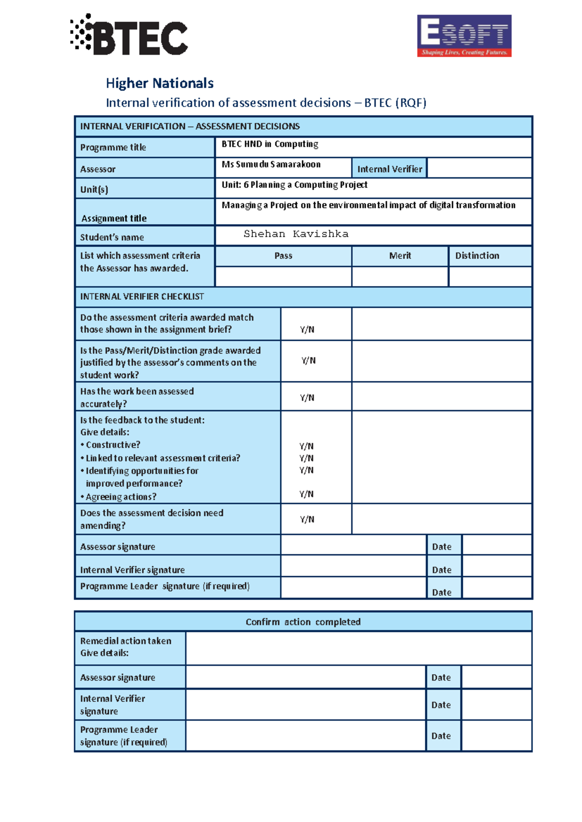 Planing a Computing Project - Higher Nationals Internal verification of assessment decisions ...