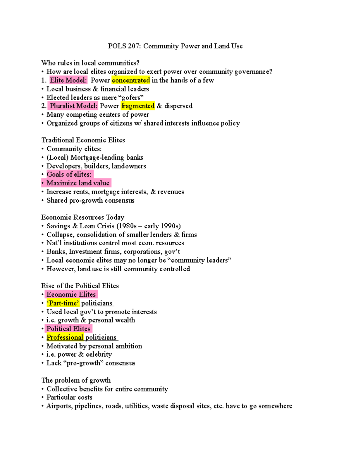 POLS 207 Community Power and Land Use - Elite Model: Power concentrated ...