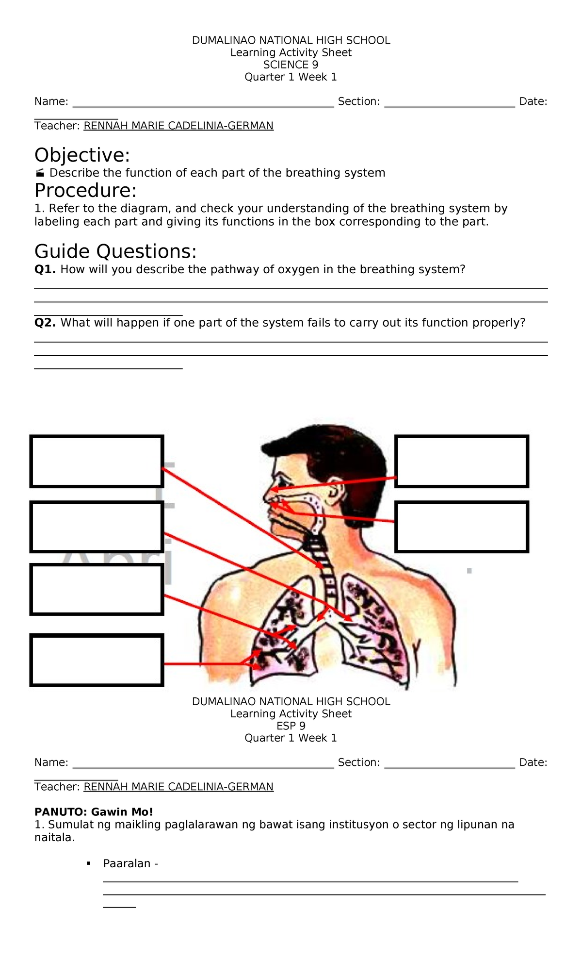 LAS Q1 WEEK 1 Modular - SCIENCE - DUMALINAO NATIONAL HIGH SCHOOL Learning Activity Sheet SCIENCE ...