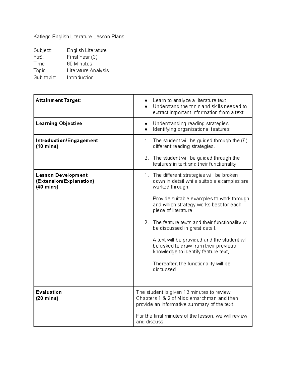Lesson Plan - Katlego English Literature Lesson Plans Subject: English ...