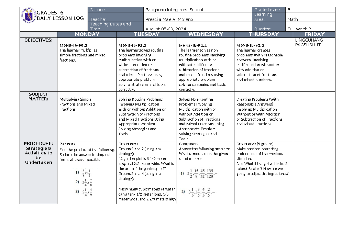 Week 2 - DLL - GRADES 6 DAILY LESSON LOG School: Pangaoan Integrated ...