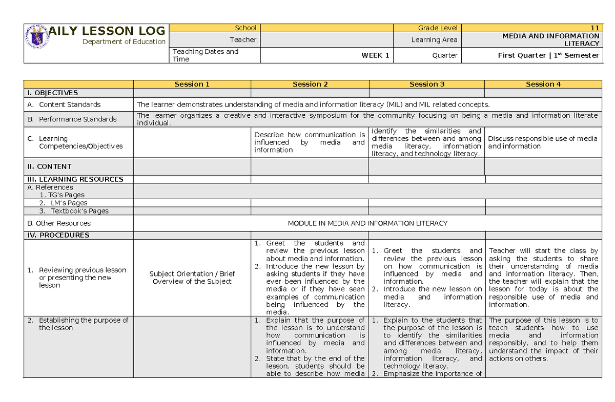 Dll MIL Quarter 1 WEEK 1 - NONE - DAILY LESSON LOG Department of Education School Grade Level 11 ...