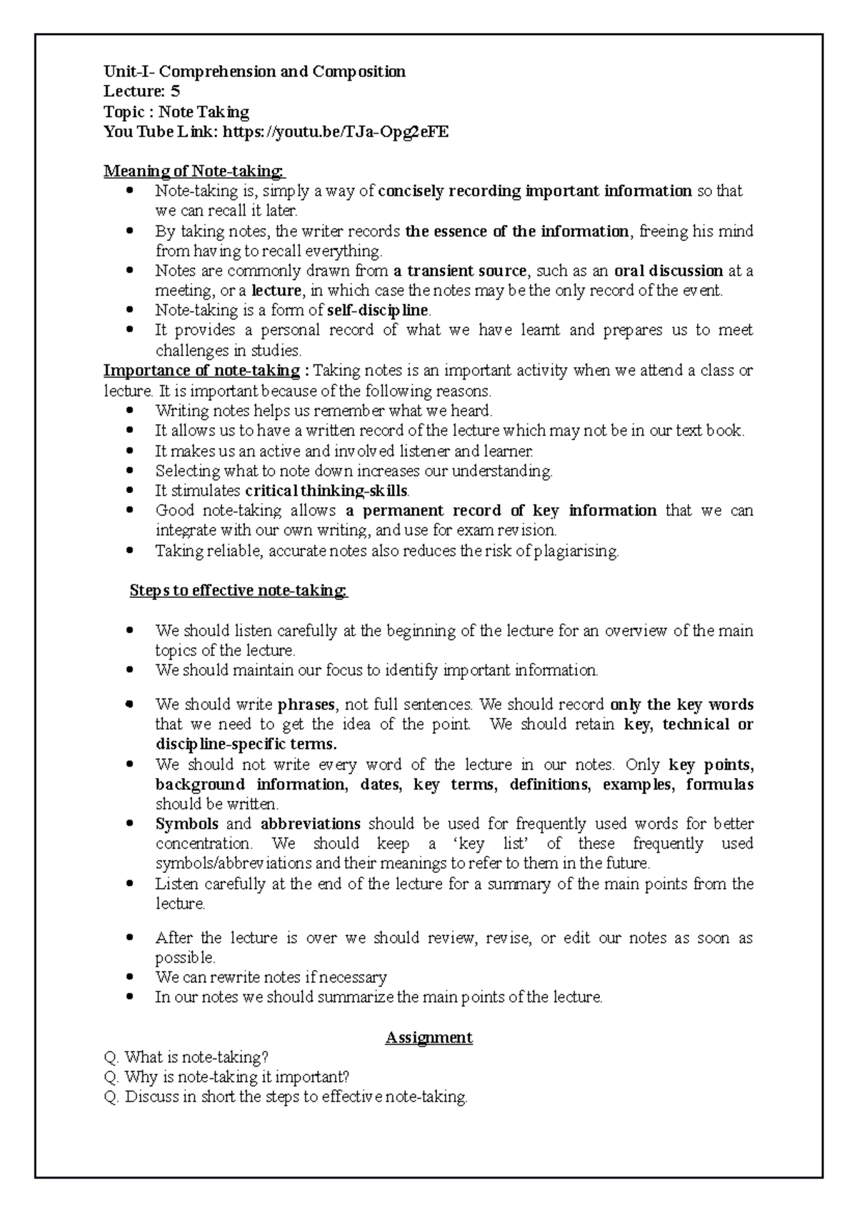 Note-taking one liner - Practice - Unit-I- Comprehension and ...