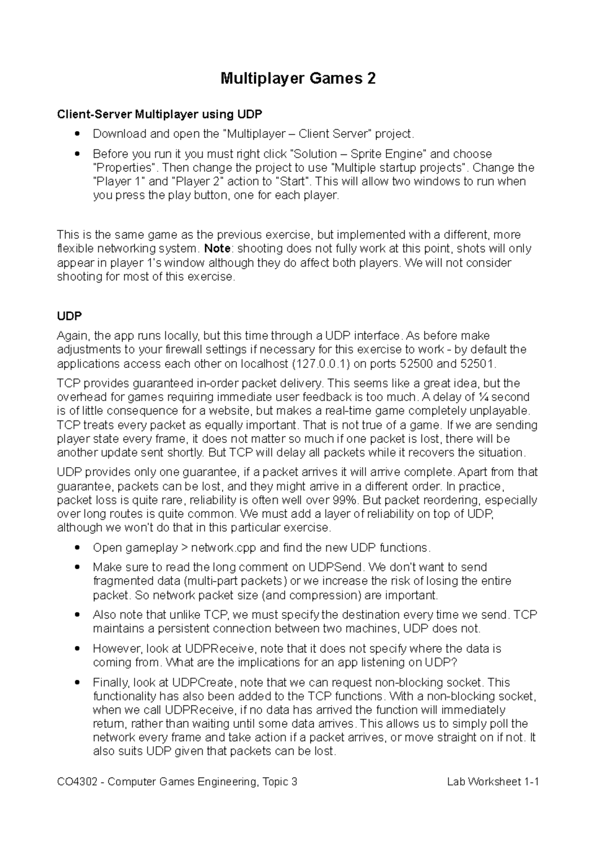 CO4302 Topic 3 - Lab Worksheet 2 - Multiplayer Games 2 Client-Server ...