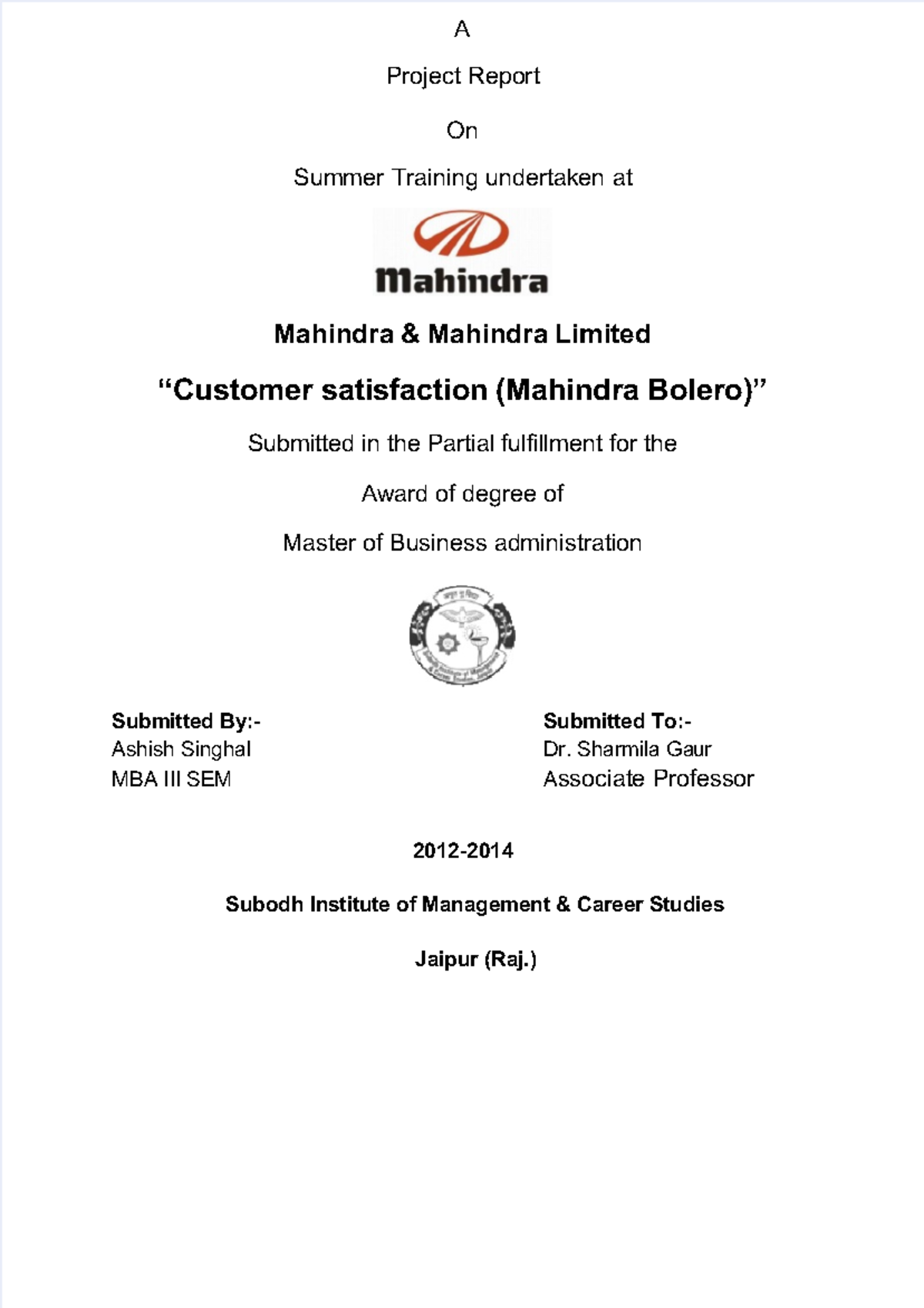 Pdfslide - File - A Project Report On Summer Training undertaken at Mahindra & Mahindra Limited ...