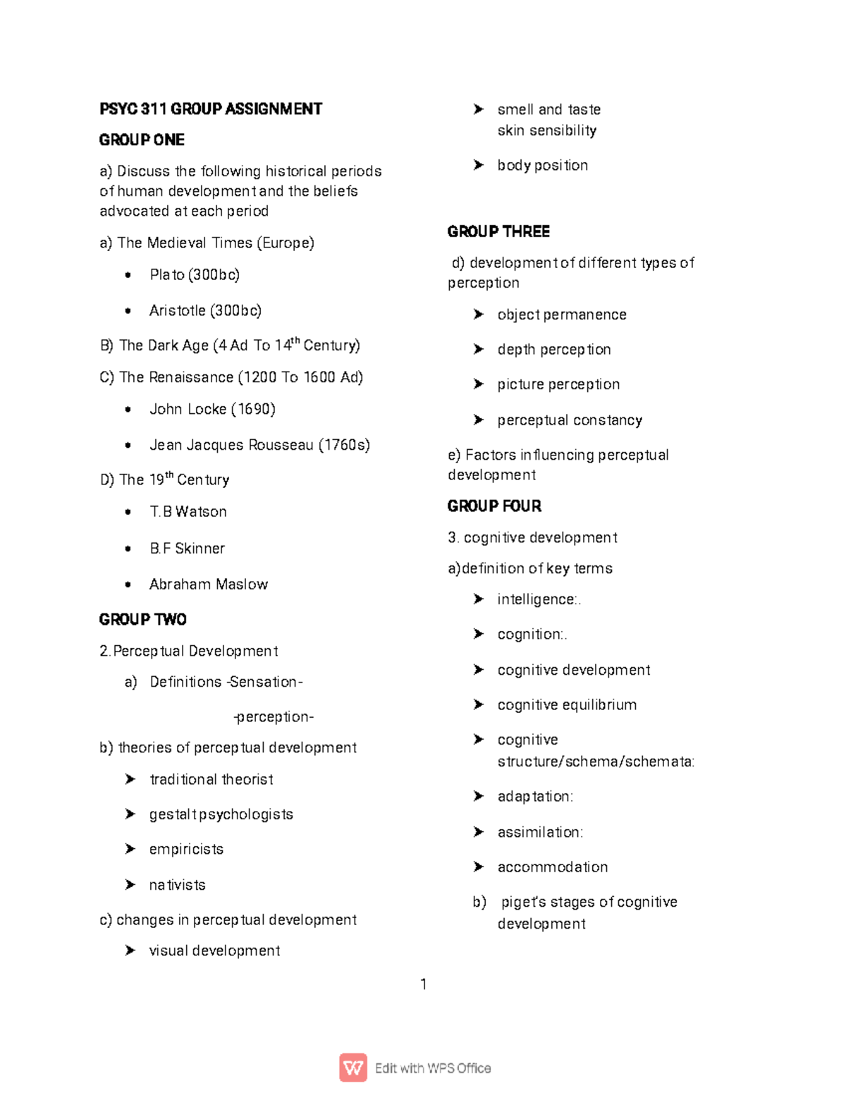 PSYC 311 Group Assignment - 1 PSYC 311 GROUP ASSIGNMENT GROUP ONE a ...
