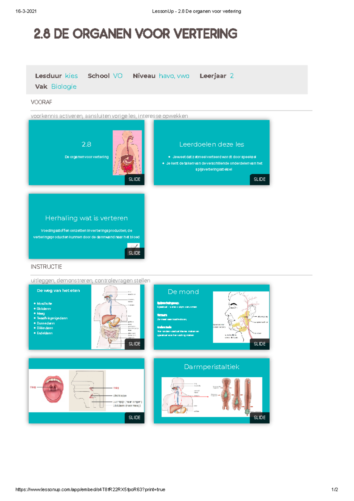 2.8 De organen voor vertering - 16-3-2021 LessonUp - 2 De organen voor ...