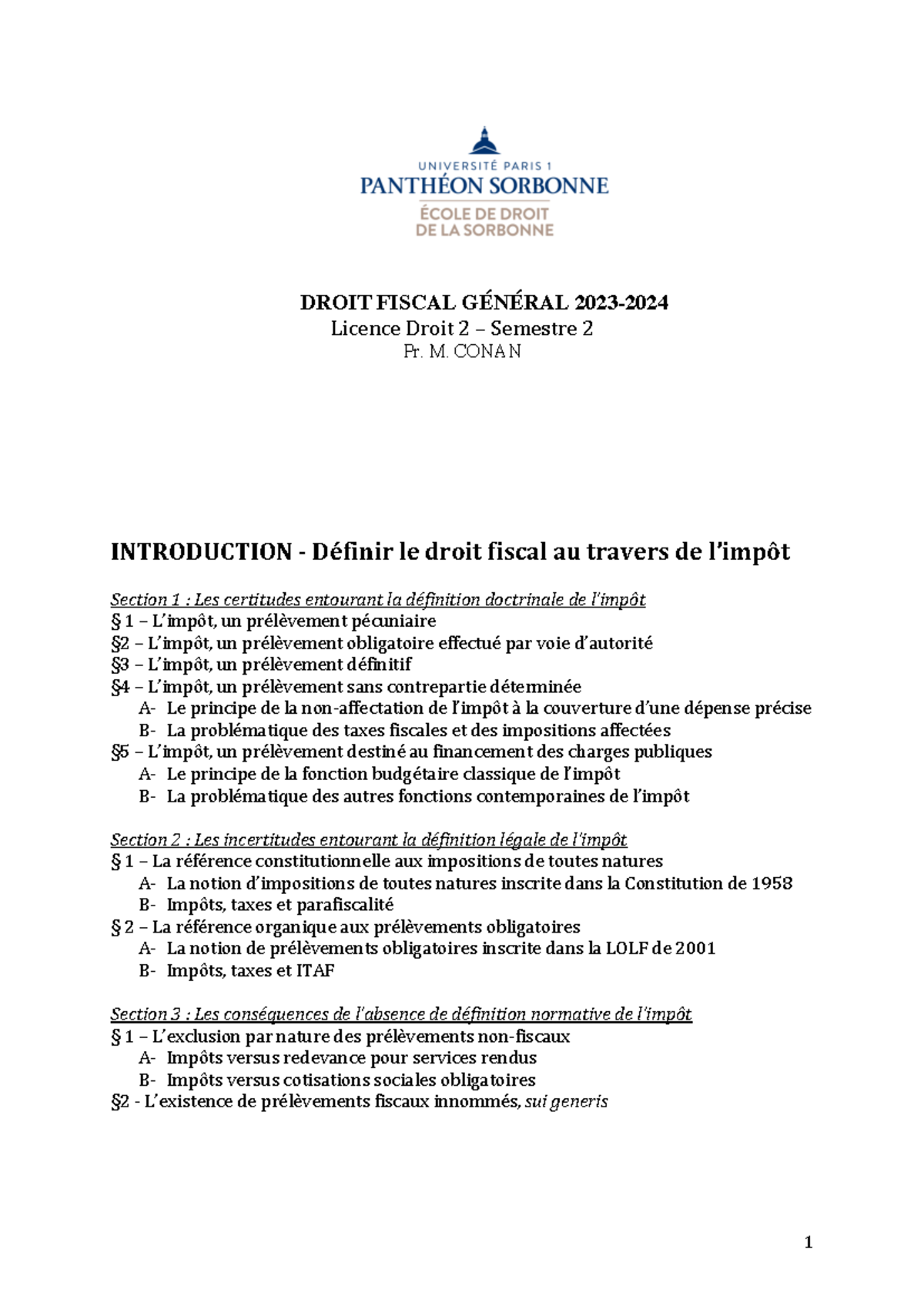 Plan du cours - Matthieu Conan - DROIT FISCAL GÉNÉRAL 2023 - 2024 ...