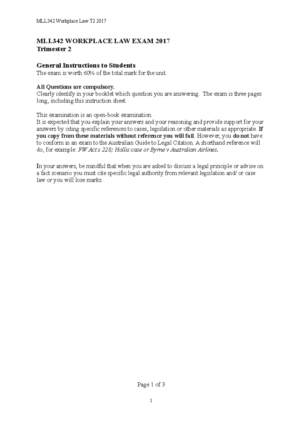Past Exam - MLL342 - T2 of 2017 - MLL342 Workplace Law T2 2017 MLL342 ...