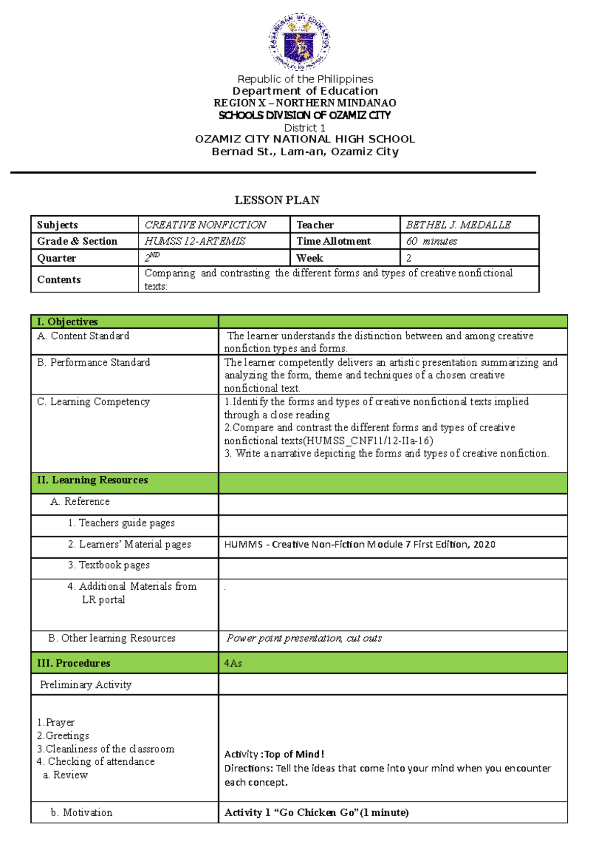 SHS CNF COT - lesson plan - Republic of the Philippines Department of ...