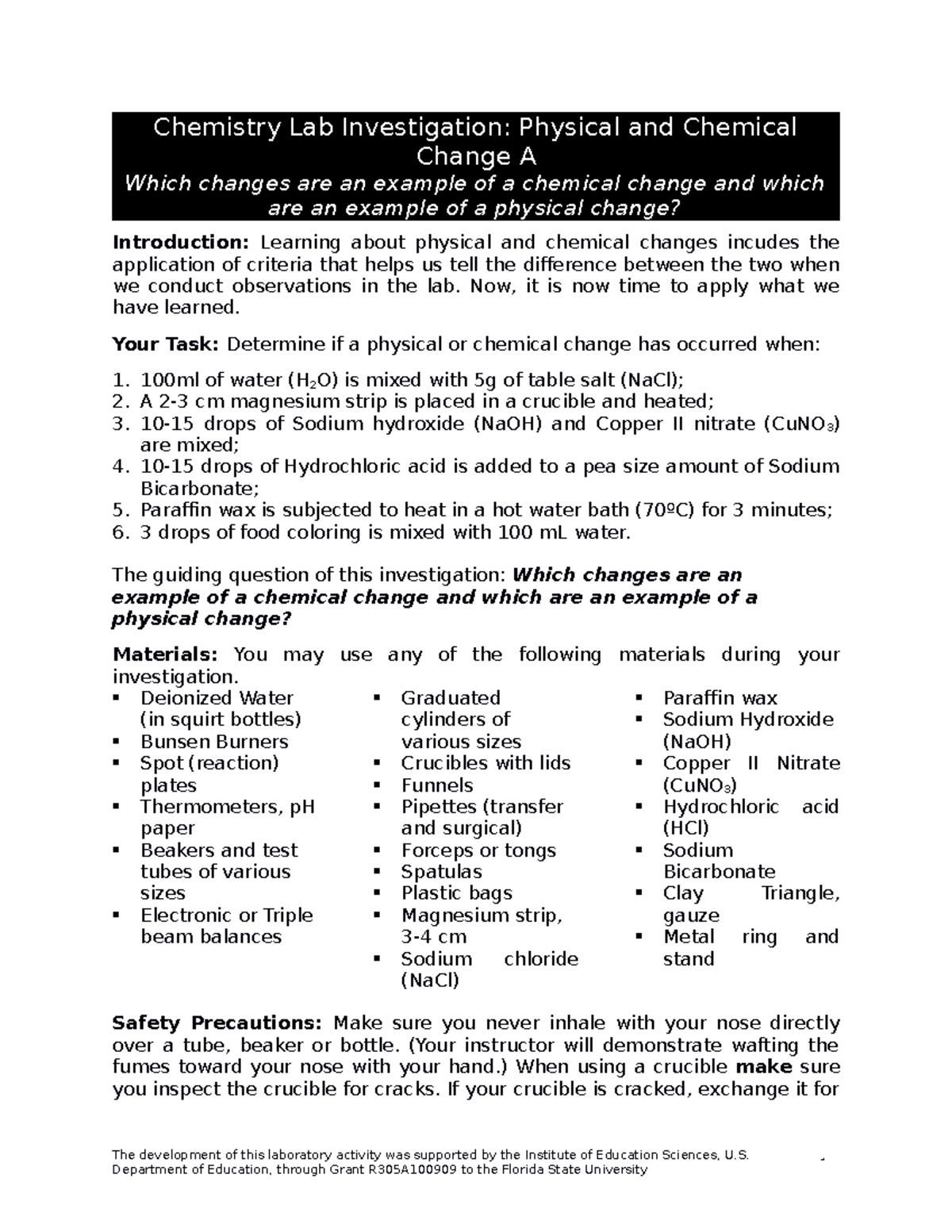 9.6 Physical and Chemical Changes B - Chemistry Lab Investigation ...