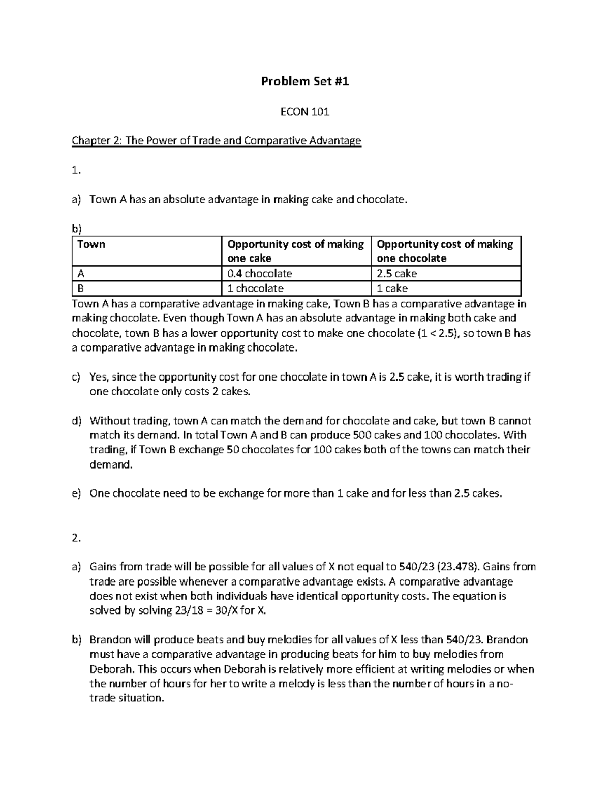 Problem Set 1 AK - Problem Set ECON 101 Chapter 2: The Power of Trade and Comparative Advantage ...