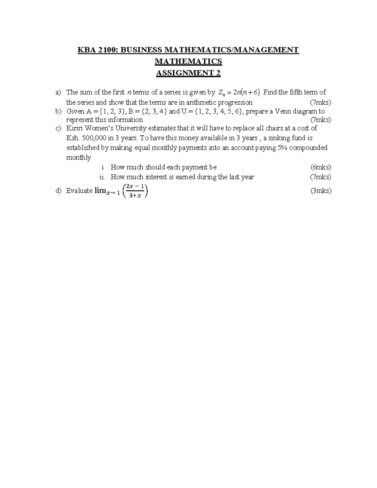 Management mathematics 2 - KBA 2100: BUSINESS MATHEMATICS/MANAGEMENT ...