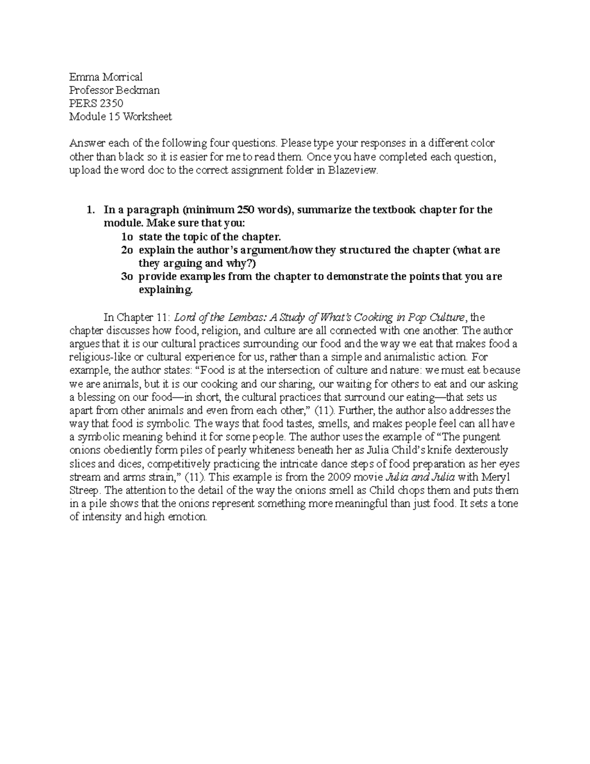 Mod 15 Worksheet - NOTES - Emma Morrical Professor Beckman PERS 2350 ...