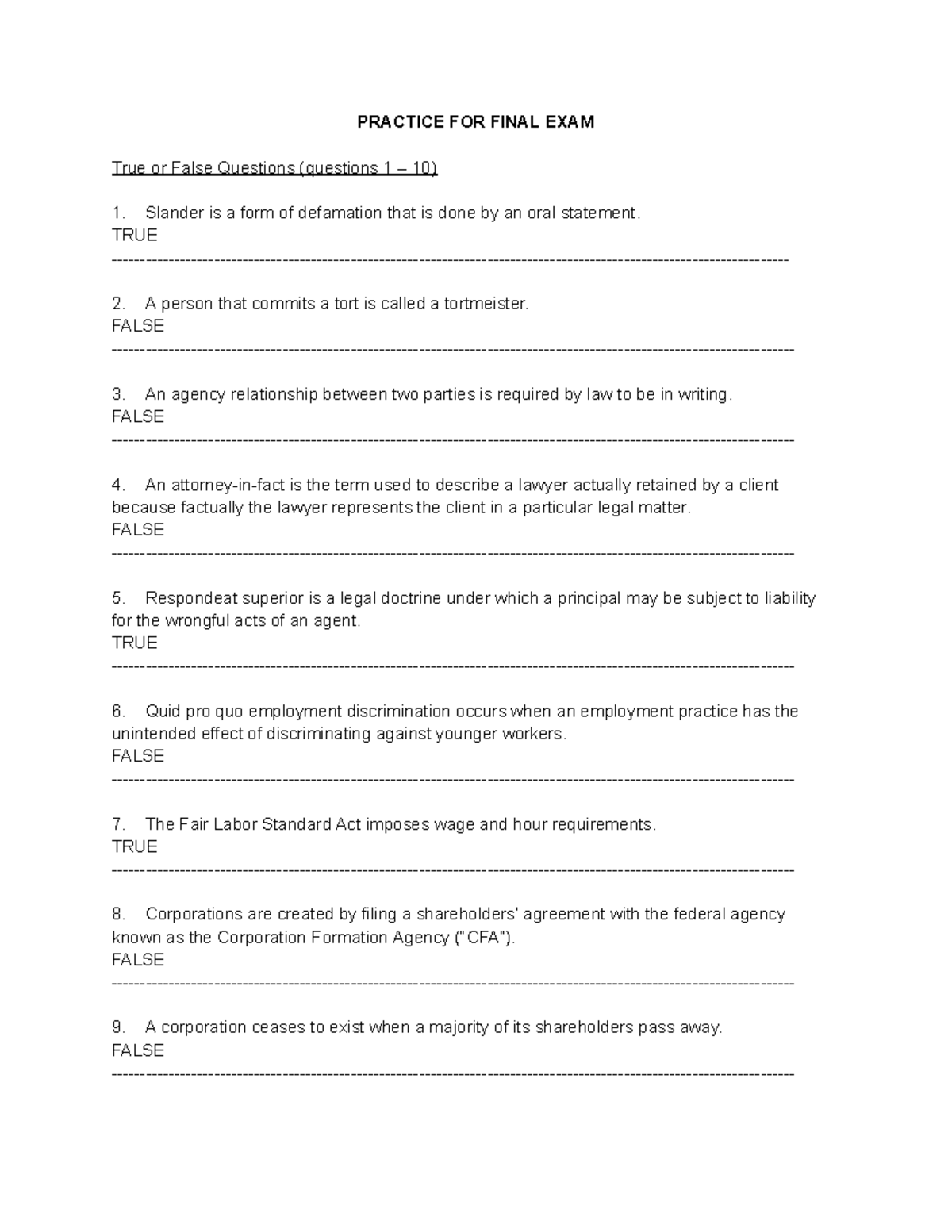 Business Law Exam Practice Questions For Final Exam PRACTICE FOR