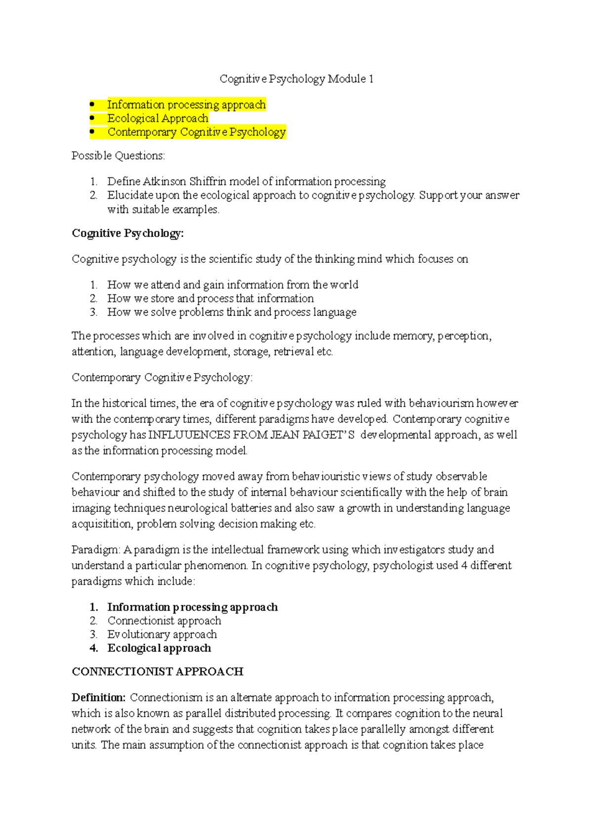 Cognitive Module 1 - Cognitive Psychology Module 1 Information ...