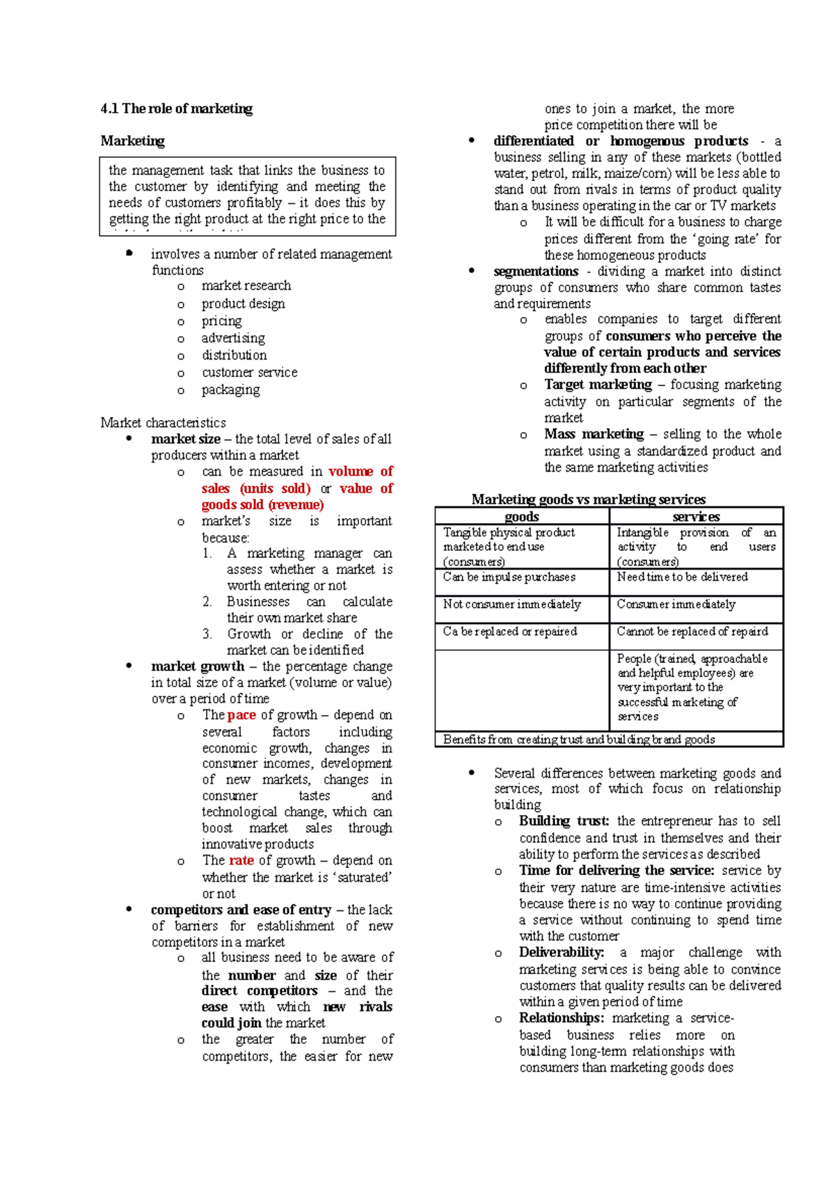 Unit 4 - business management notes - 4 The role of marketing Marketing ...