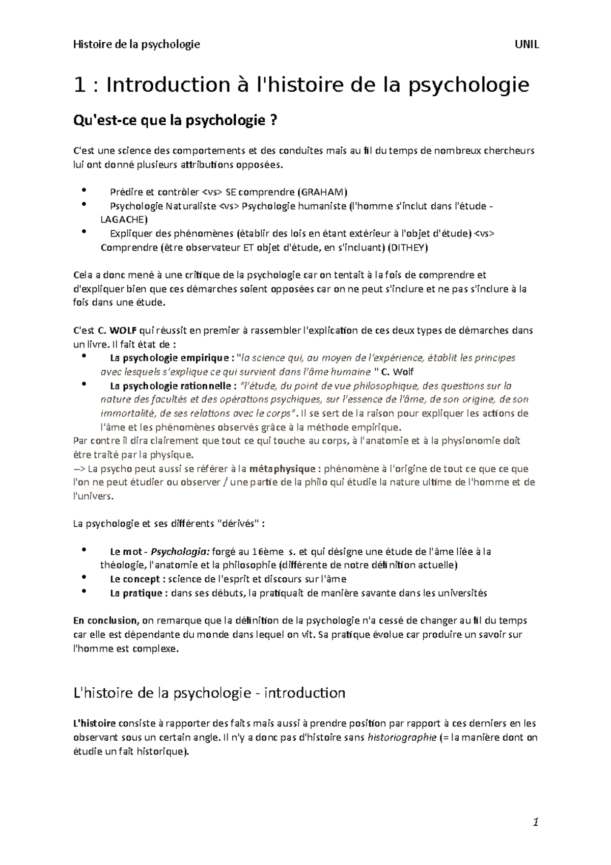 Résumé histoire de la psychologie - 1 : Introduction à l'histoire de la ...