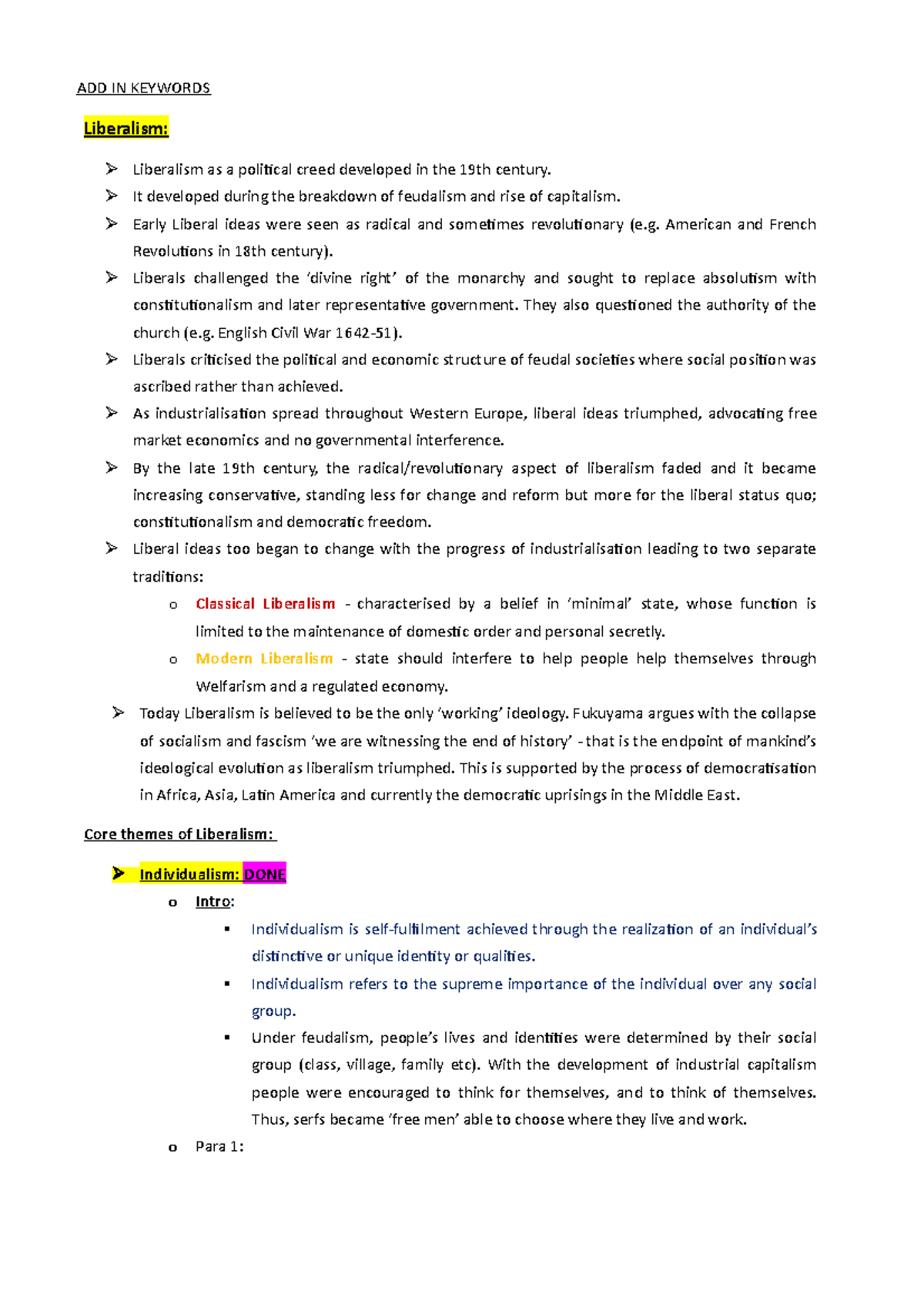 Liberalism - Summary of Notes - ADD IN KEYWORDS Liberalism: Liberalism ...