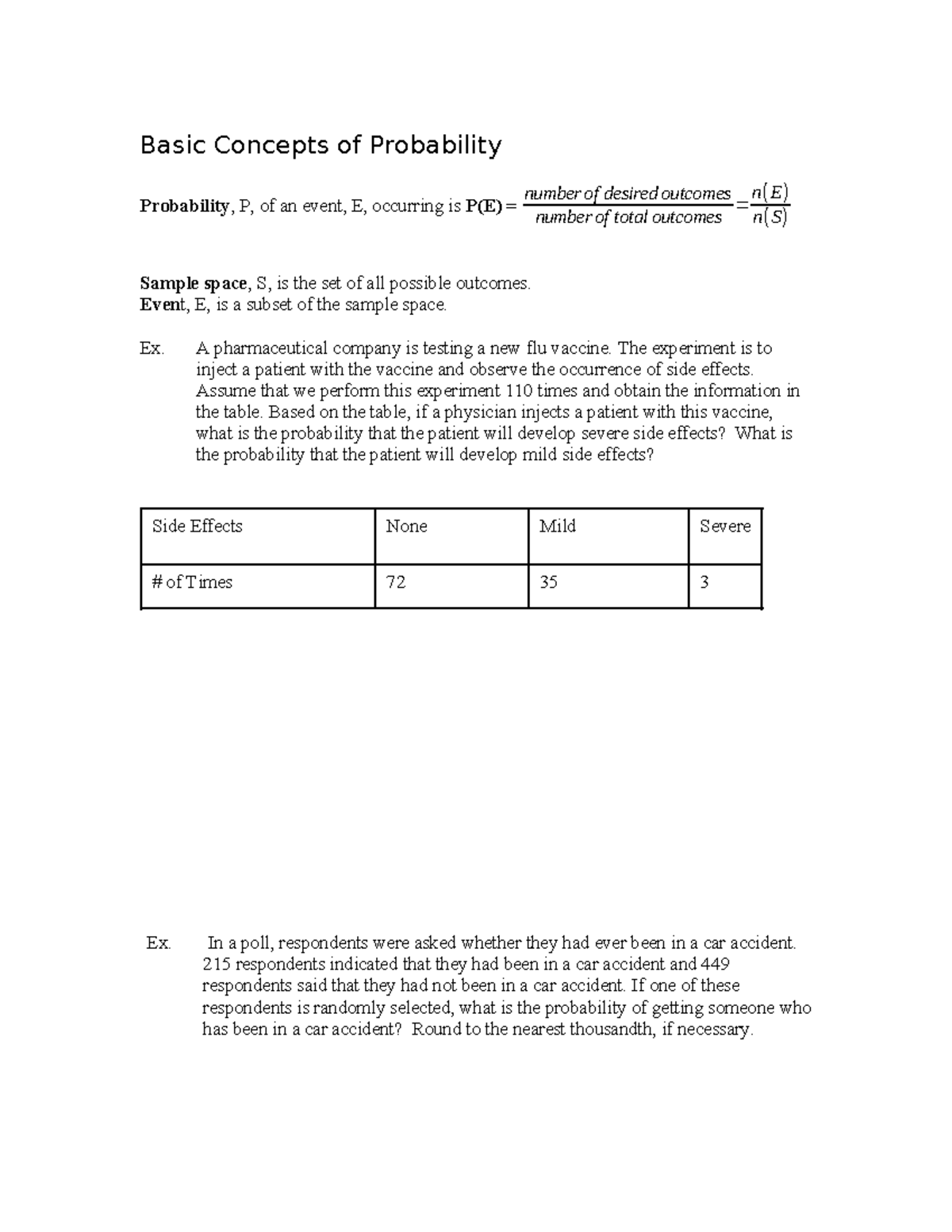 Chapter 4 Notes - Basic Concepts of Probability Probability, P, of an ...