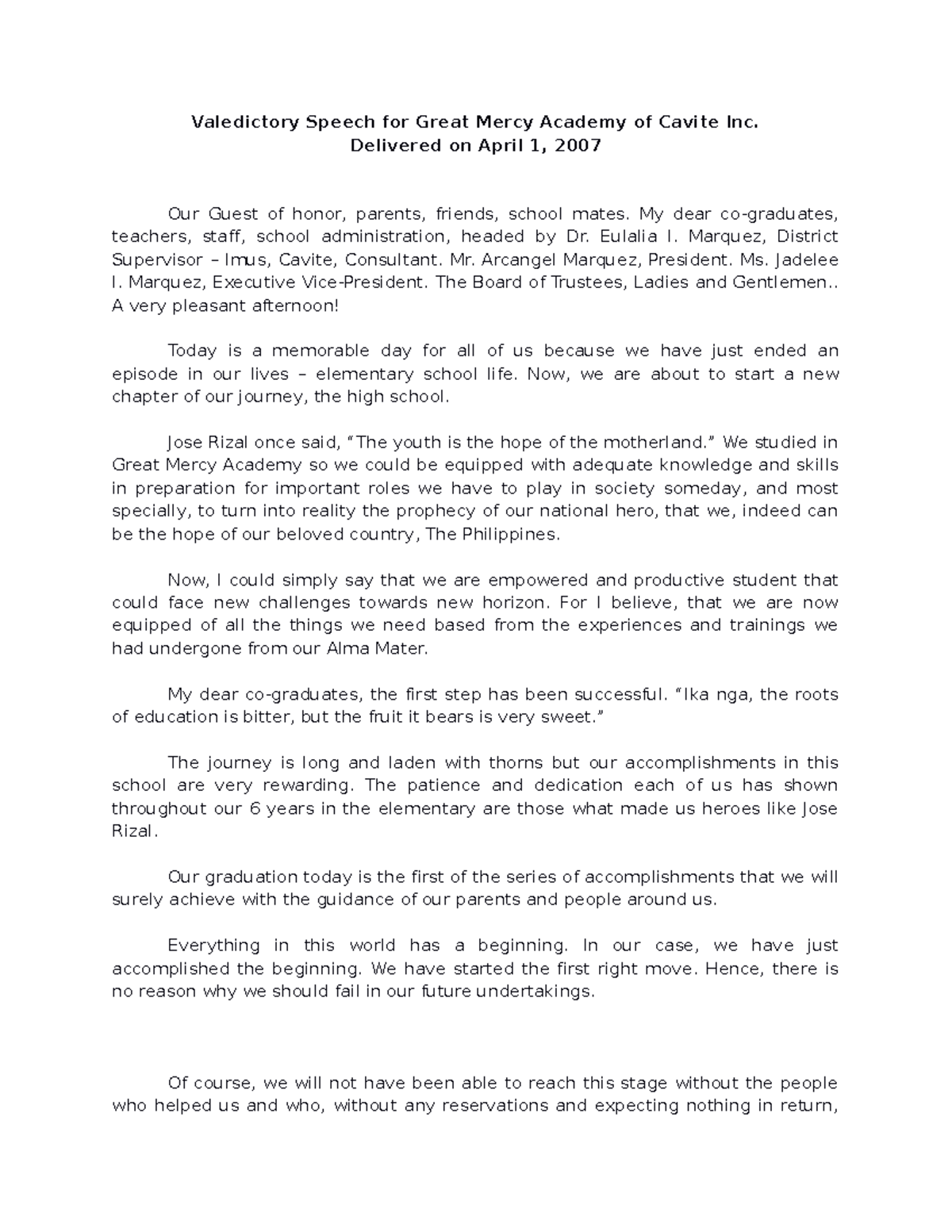 132053310 Elementary Valedictory Speech - Valedictory Speech for Great ...