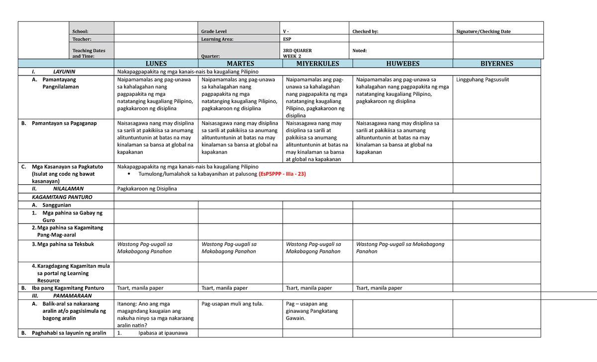 Casco-ESP-5 Q3 W2 ESP - quarter 3 - School: Grade Level V - Checked by ...