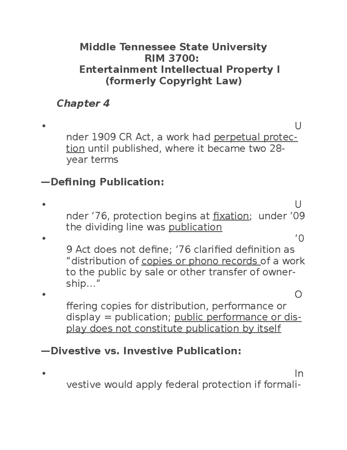 MTSU RIM 3700 Ch 4 - Typed lecture notes from Prof. Deborah Wagnon's ...