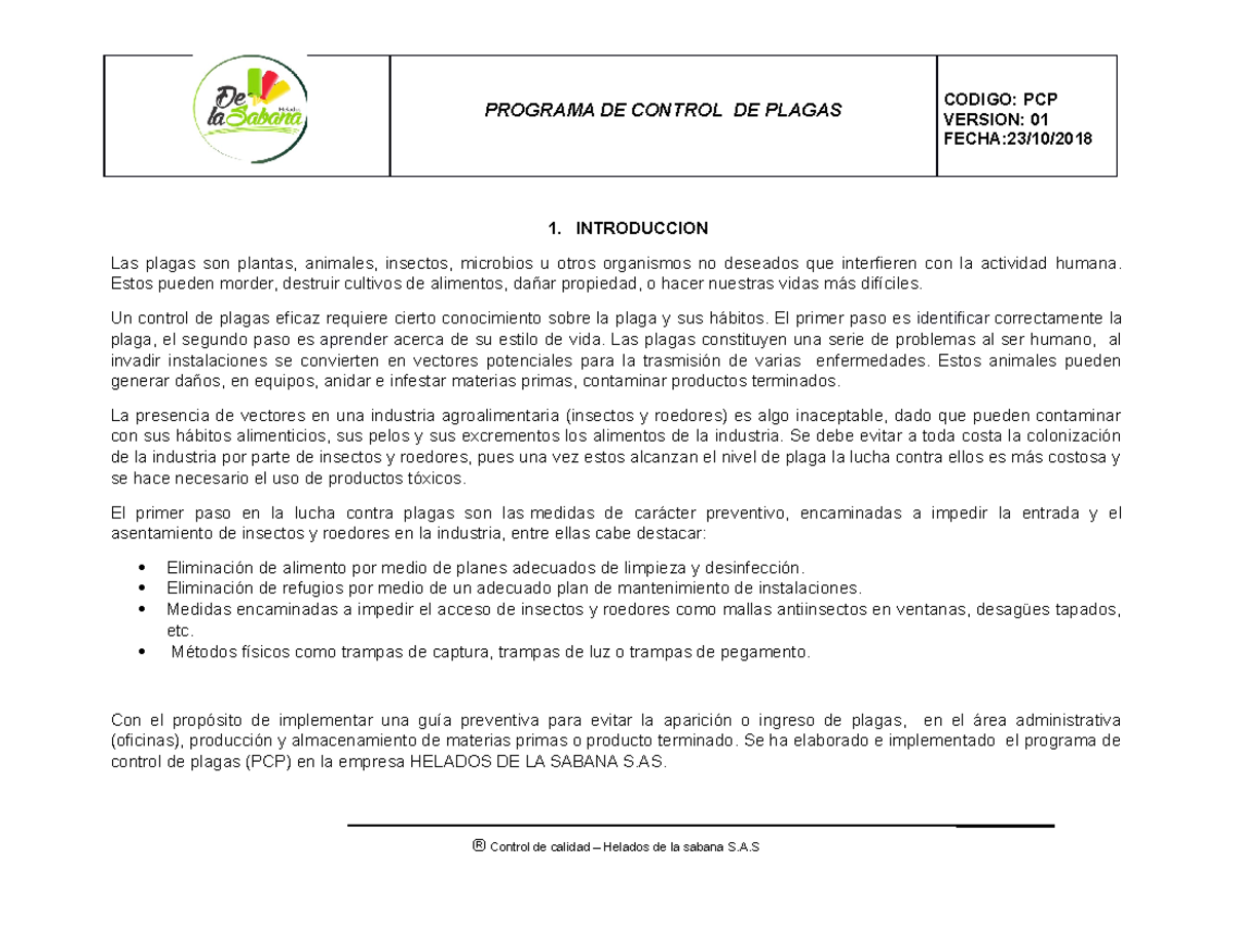 Programa Control DE Plagas 2 - PROGRAMA DE CONTROL DE PLAGAS VERSION ...
