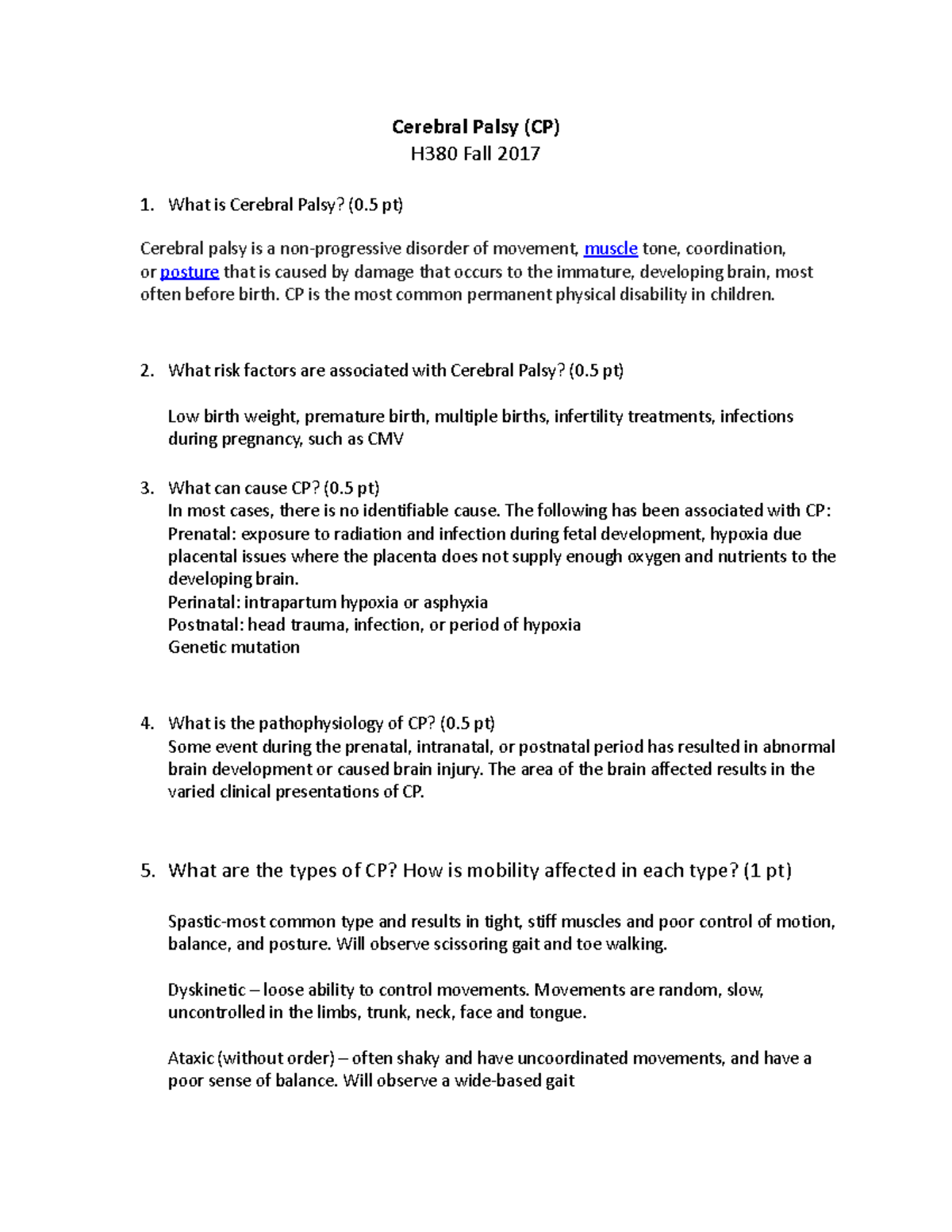 Cerebral Palsy-H380 - Study guide for CP - Cerebral Palsy (CP) H380 Fall 2017 1. What is ...