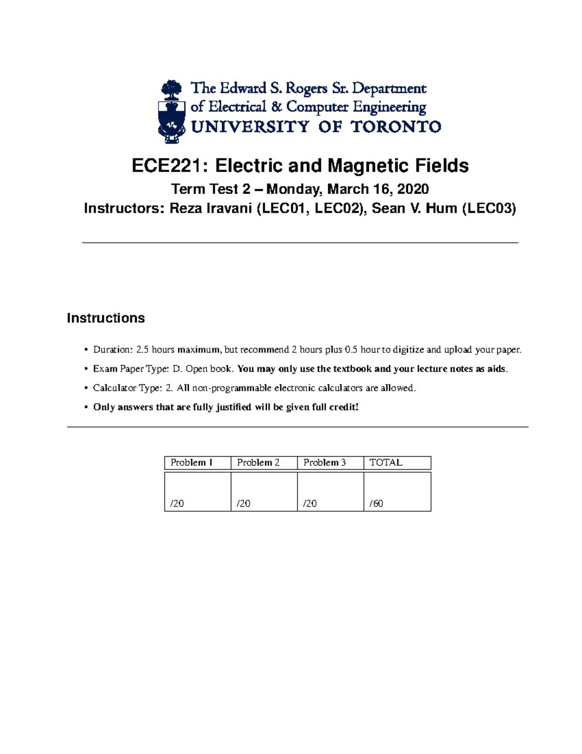 ECE221H1 20201 631588287304 Solution - ECE221: Electric and Magnetic ...