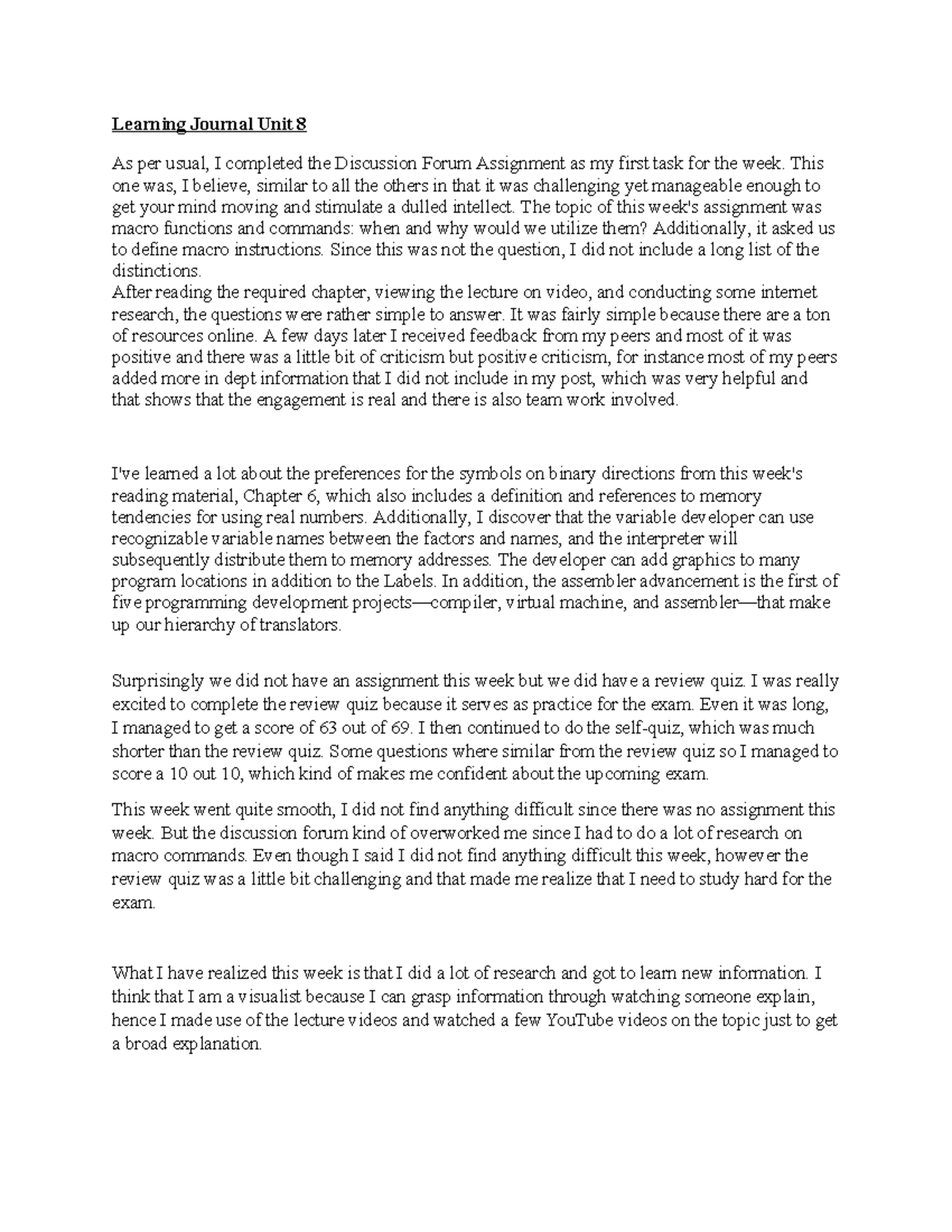 CS 1104-01 Unit 8 Learning Journal - Learning Journal Unit 8 As per usual, I completed the - Studocu