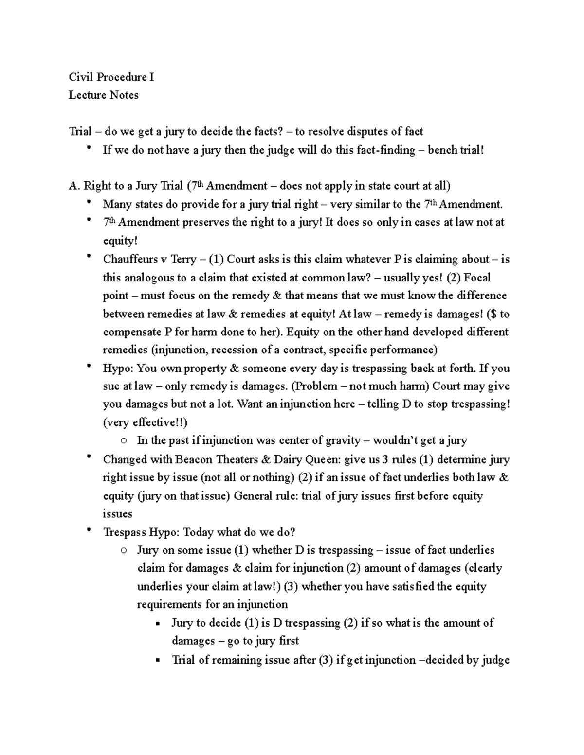 Right to a Jury Trial - Lecture notes 9 - Civil Procedure I Lecture ...